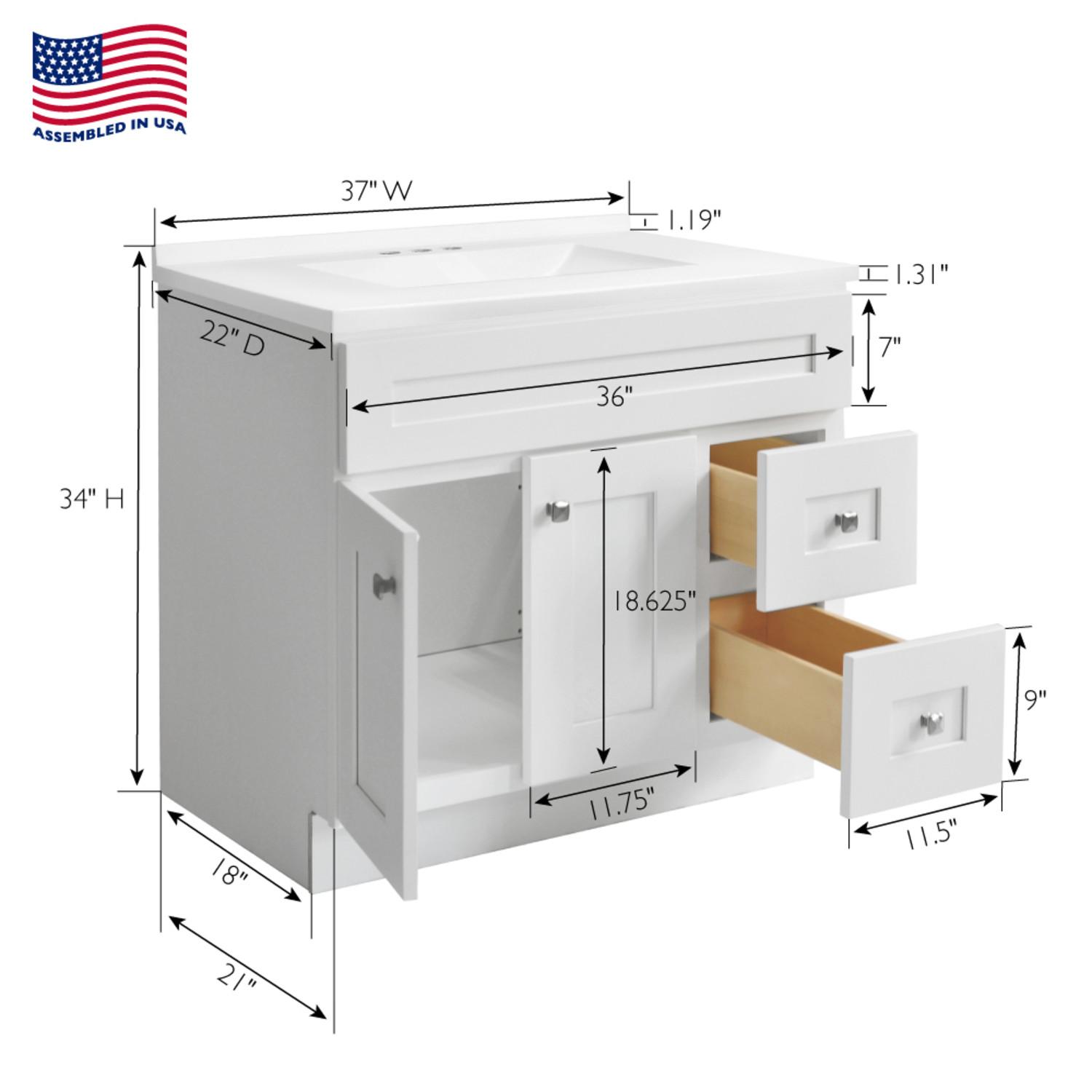 Brookings 37-Inch Vanity in White with Modern Sink Top, Fully Assembled ...