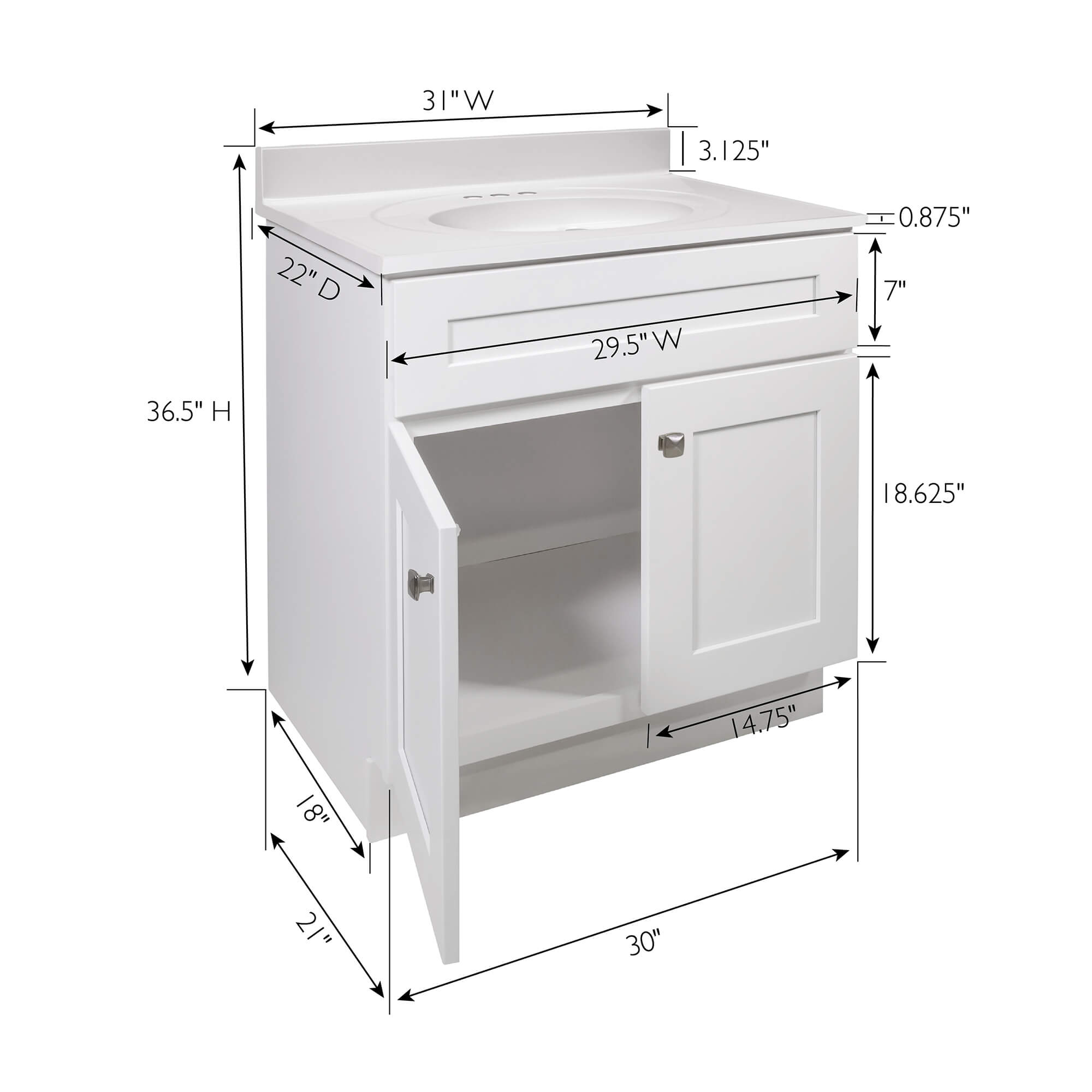 Brookings 31 Inch Marble Top White on White Vanity Fully Assembled ǀ ...