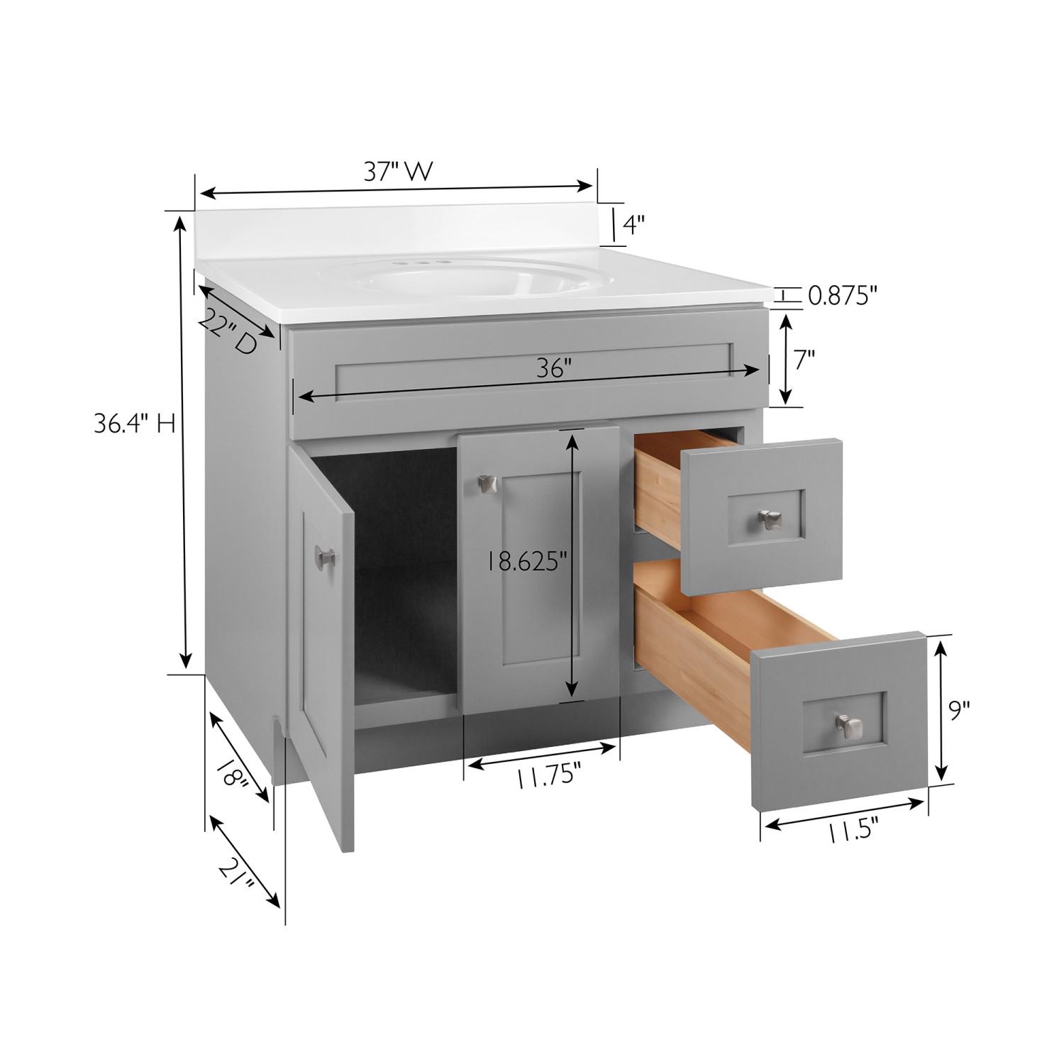 Brookings 37-Inch Vanity in Gray with Solid White Top, Fully Assembled ...