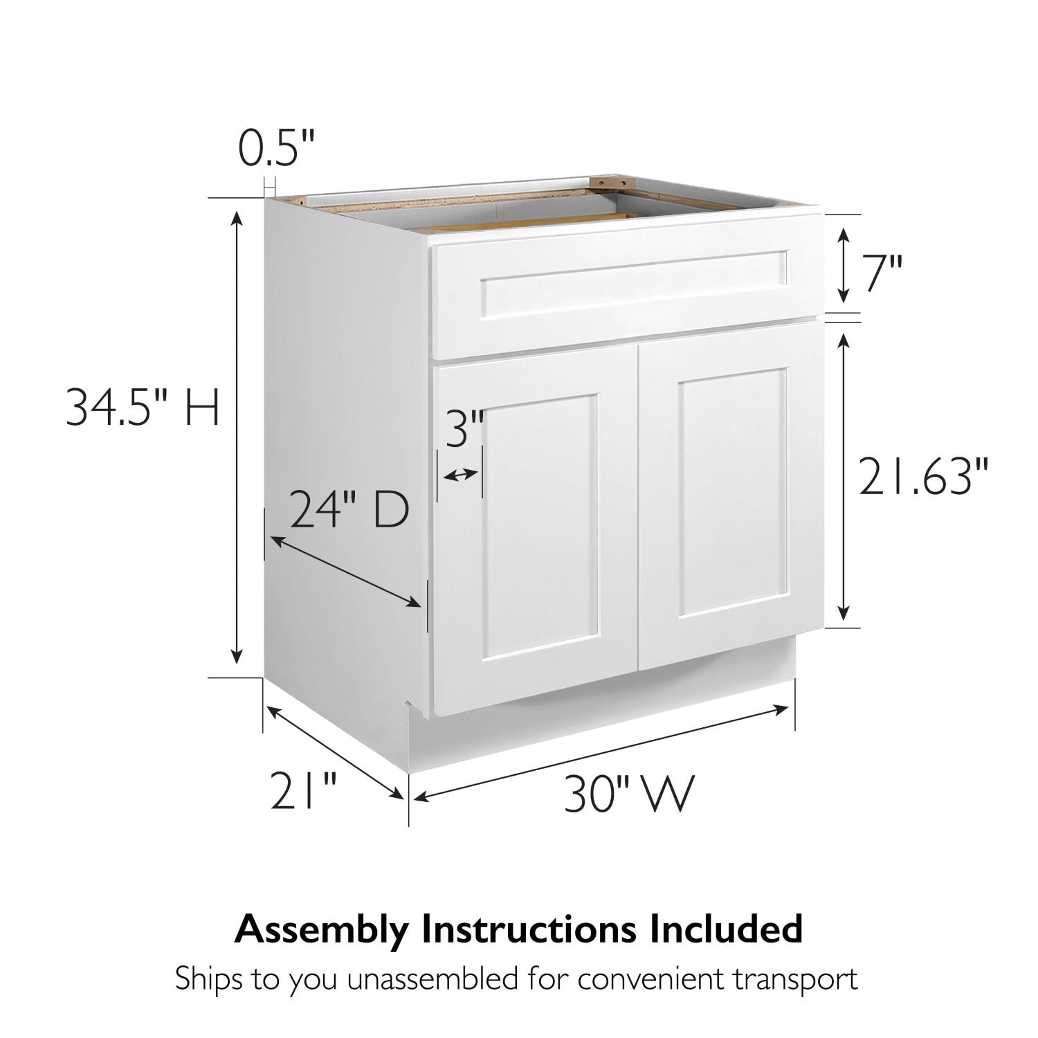 Design House 561381 Brookings 30 Inch Base Cabinet White Shaker