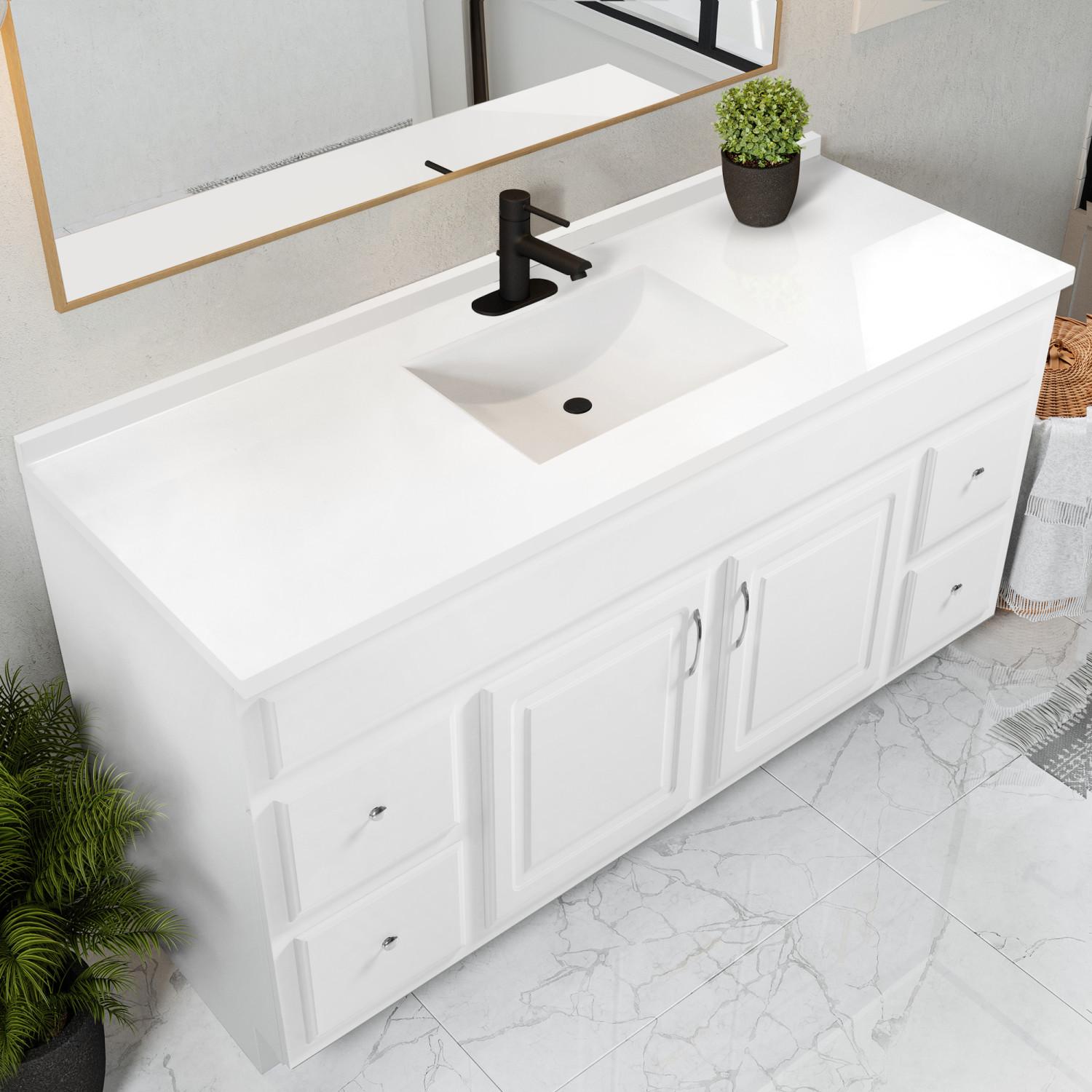 Camilla White Cultured Marble Single Bowl Vanity Top, 61 Inch x 22 Inch ...