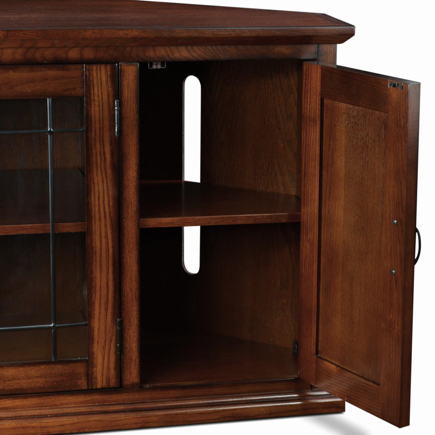 Leaded Glass Corner TV Console Burnished Oak 60 Inch ǀ Furniture ǀ ...